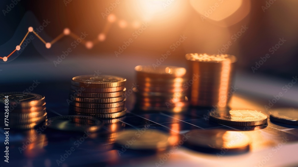 Stack of coins and a graph chart illustrating upward growth. Background ...