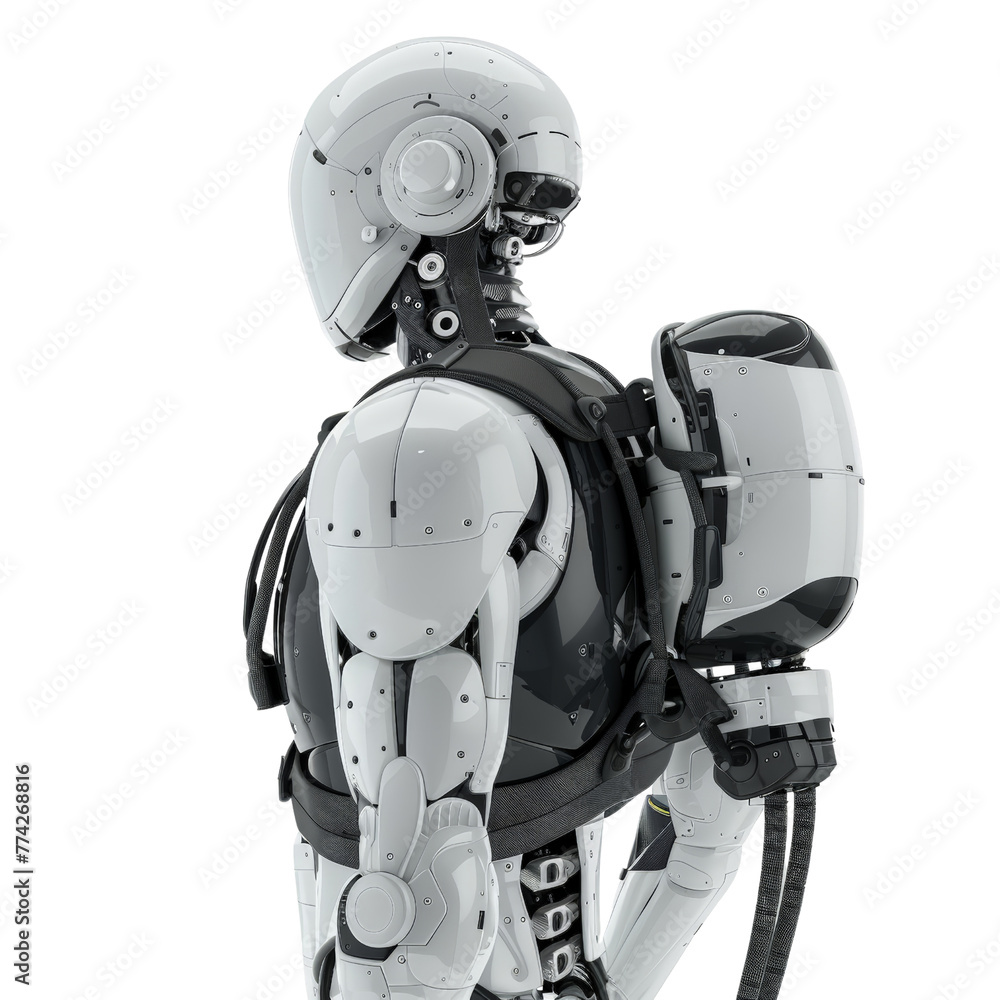 White robot carry an energy tank on back isolated on transparent ...