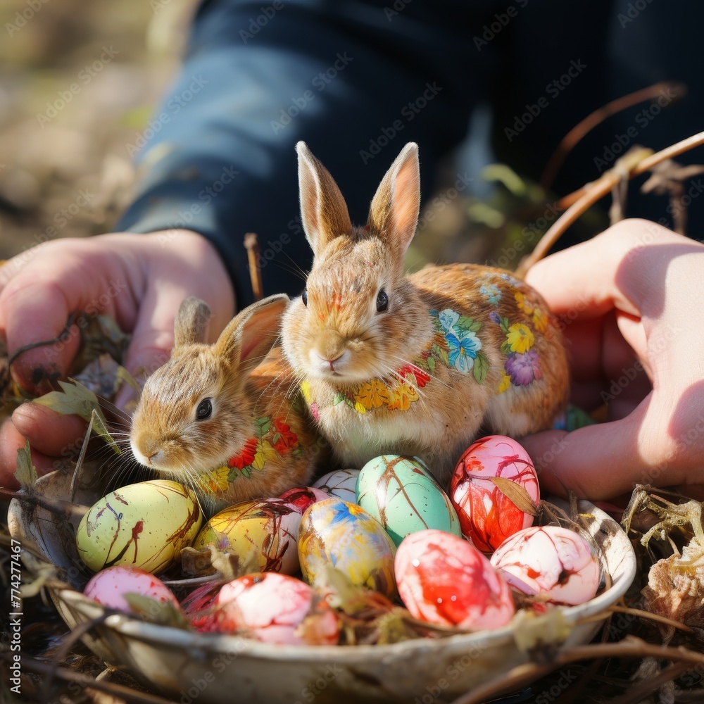cute bunny with colorful easter eggs in different shades and textures ...