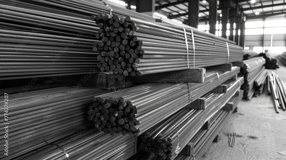 Lots of steel bars kept in building warehouse for sale or distribution ...