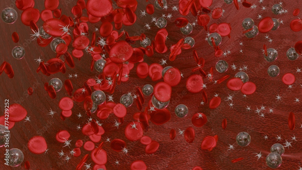 The life science concept art of many red blood cells and platelets with ...