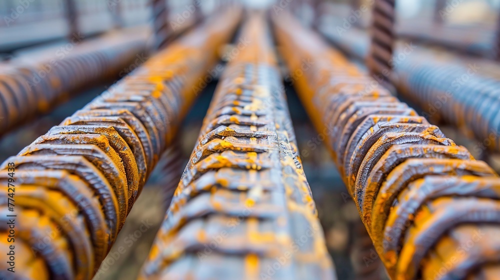 Construction site, reinforcing steel rod and deformed bar with rebar ...