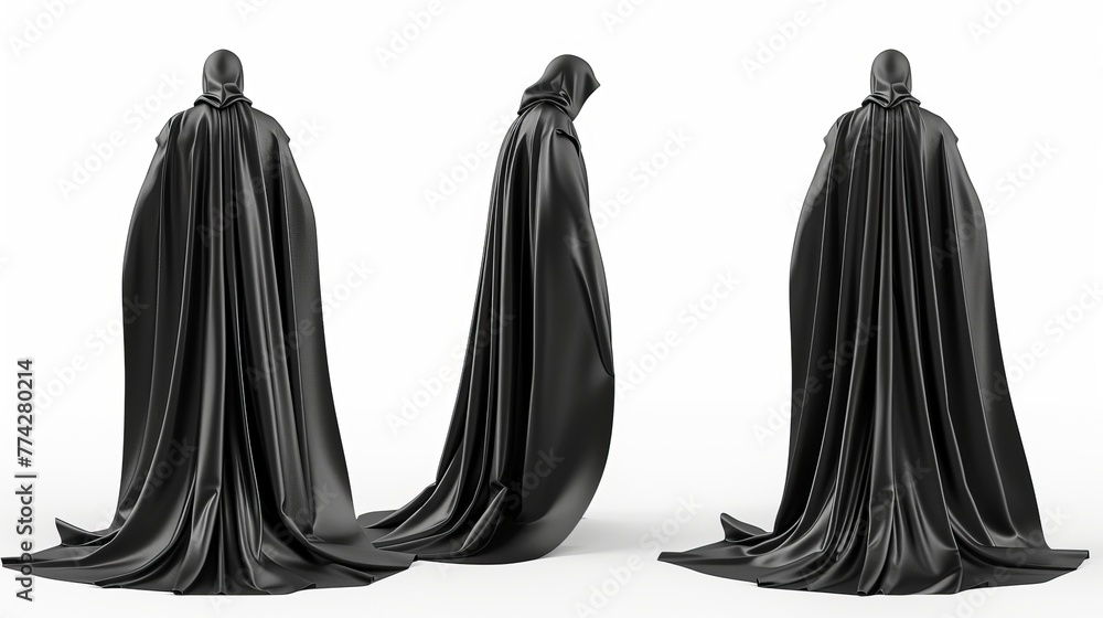 Black cape superhero in various poses—front, side, and back—against a ...