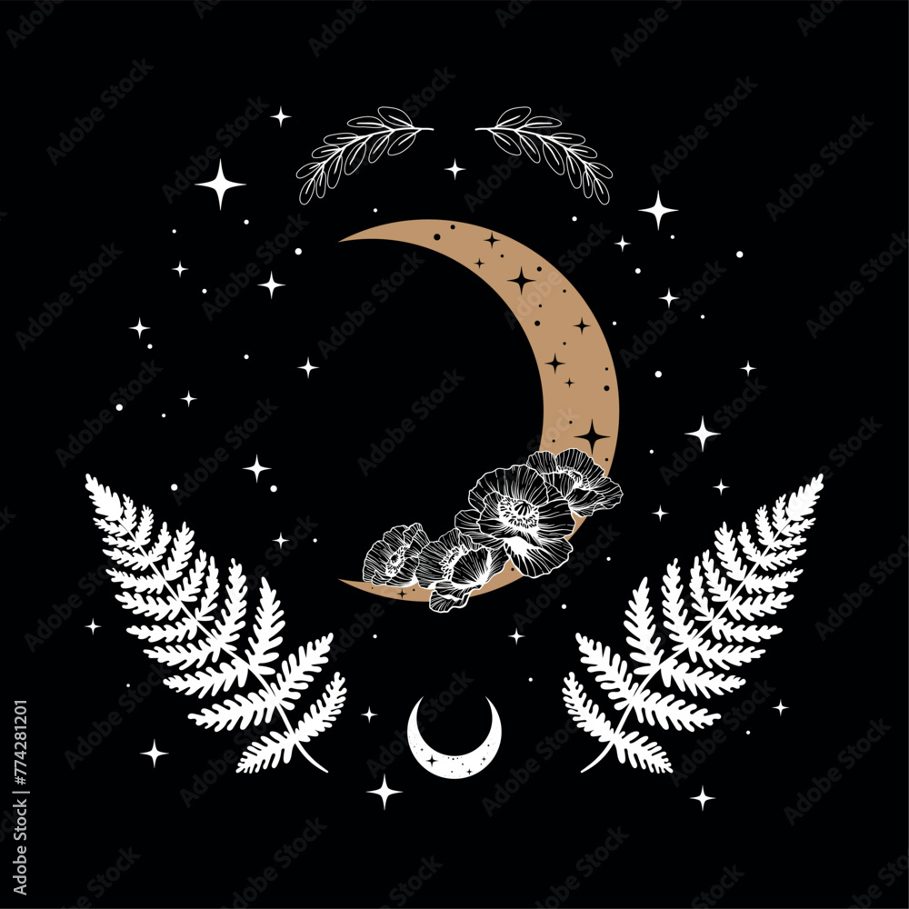 Mystical illustration with moon and poppy flowers. Tattoo style vector ...