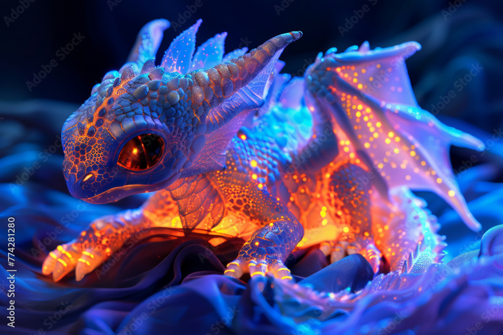 Produce a baby dragon sculpture made entirely of neon-colored light ...