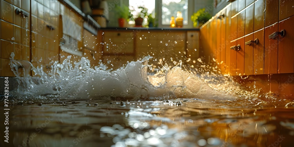 Water splashing in a flooded kitchen causing damage to the ceiling and ...