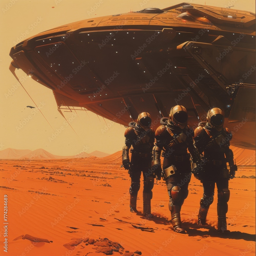 Tense portrayal of an armored squad navigating through desert dunes, a ...