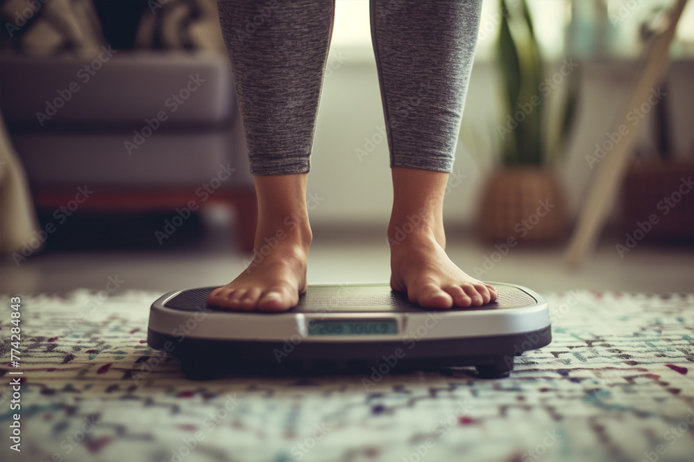 Female checking kilograms getting on the scale - self care and body ...