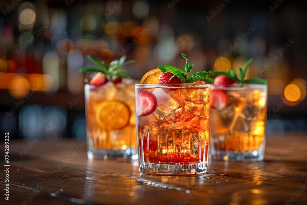 Series of iced cocktails in hues of sunset, delicately garnished, are ...