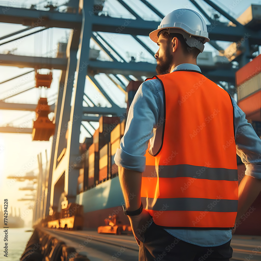 Worker dock cargo freight industry. Background concept. Happy port man ...