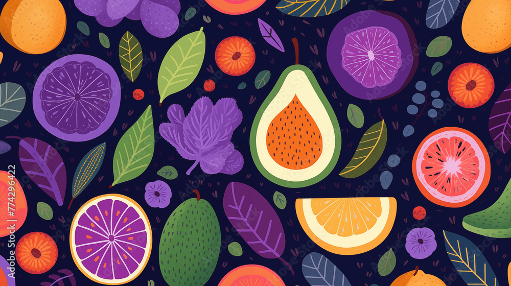 Fruity elegance 2D cartoon illustration. Sliced fruits pattern autumn ...