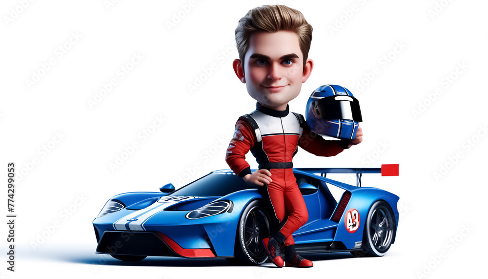 Confident racer standing beside racing car, Racer with exaggerated ...