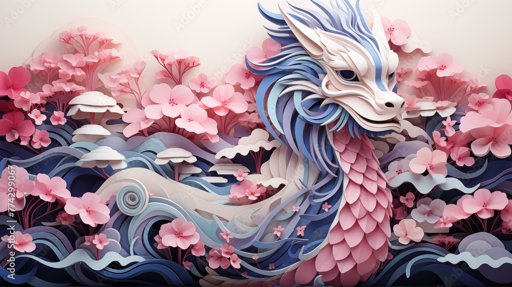 Sakura dragon paper art 3d rendering image. Delicate pink blossoms ...