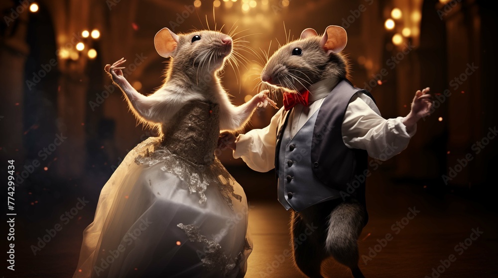 Elegant rats in formal attire dance in ballroom anthropomorphic scene ...