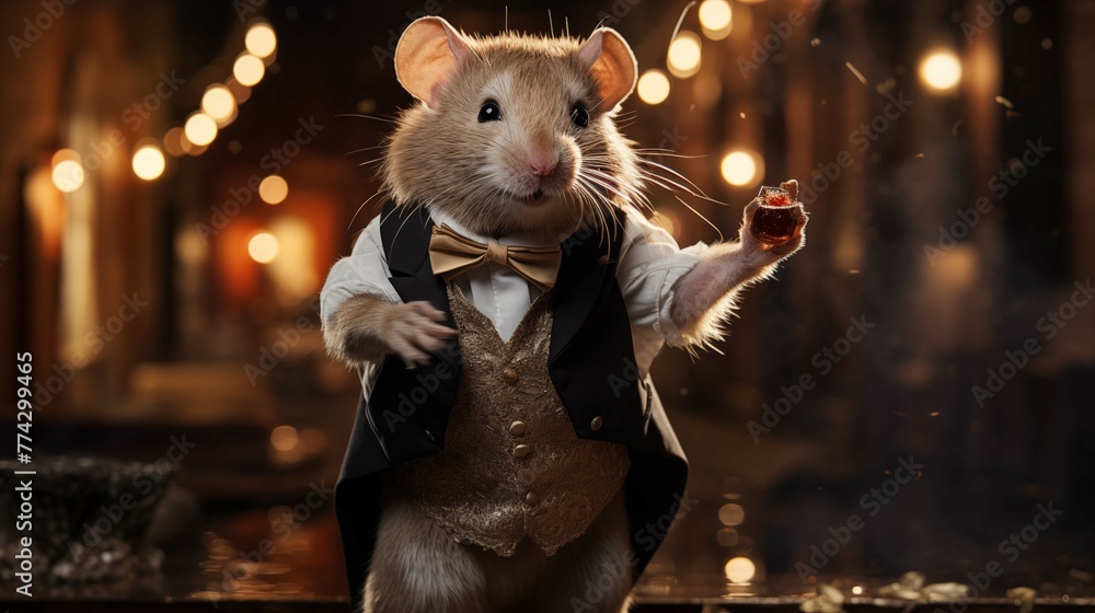 Rat in formal wear joyfully raises tiny glass character anthropomorphic ...