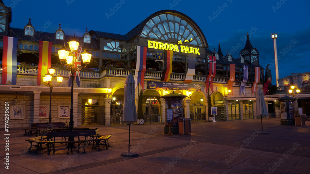 Rust, Germany - 6 July 2021: Illuminated "Europa-Park" entrance ...