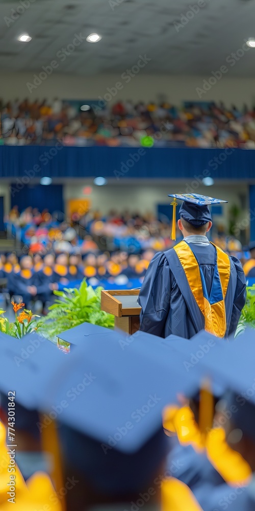 Valedictorian speaking to commencement audience - blue graduation robes ...