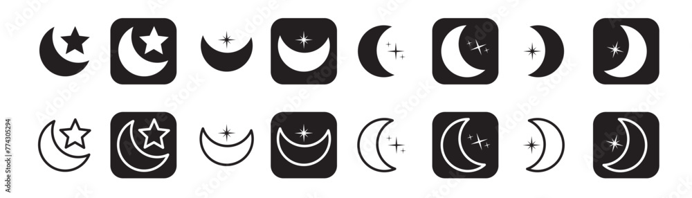 Sun and moon icon vector day and night icon set, Screen brightness and ...