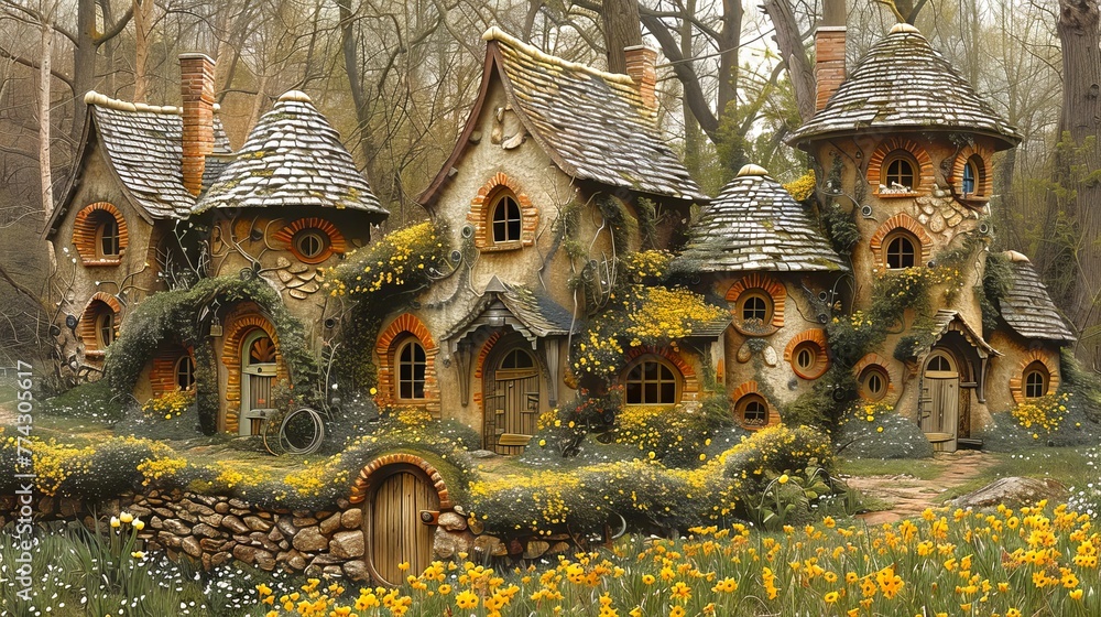 Enchanting fairytale cottages amidst a floral landscape. Whimsical ...