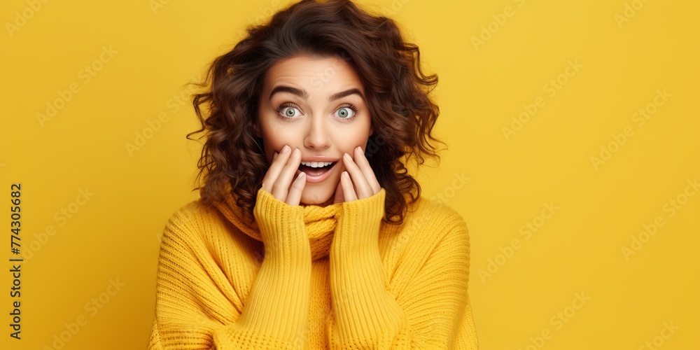 Shocked woman with hands on cheeks, open mouth, wide eyes. Concept of ...