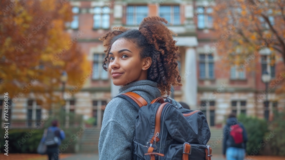 African American immigrant student exploring university campus. Young ...