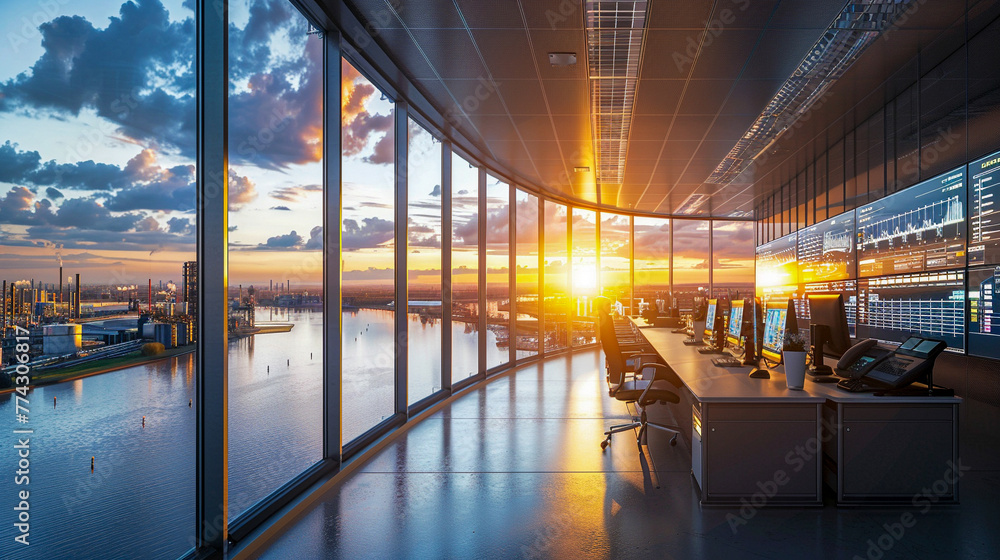 An empty control room at dawn, screens aglow with SCADA systems ...