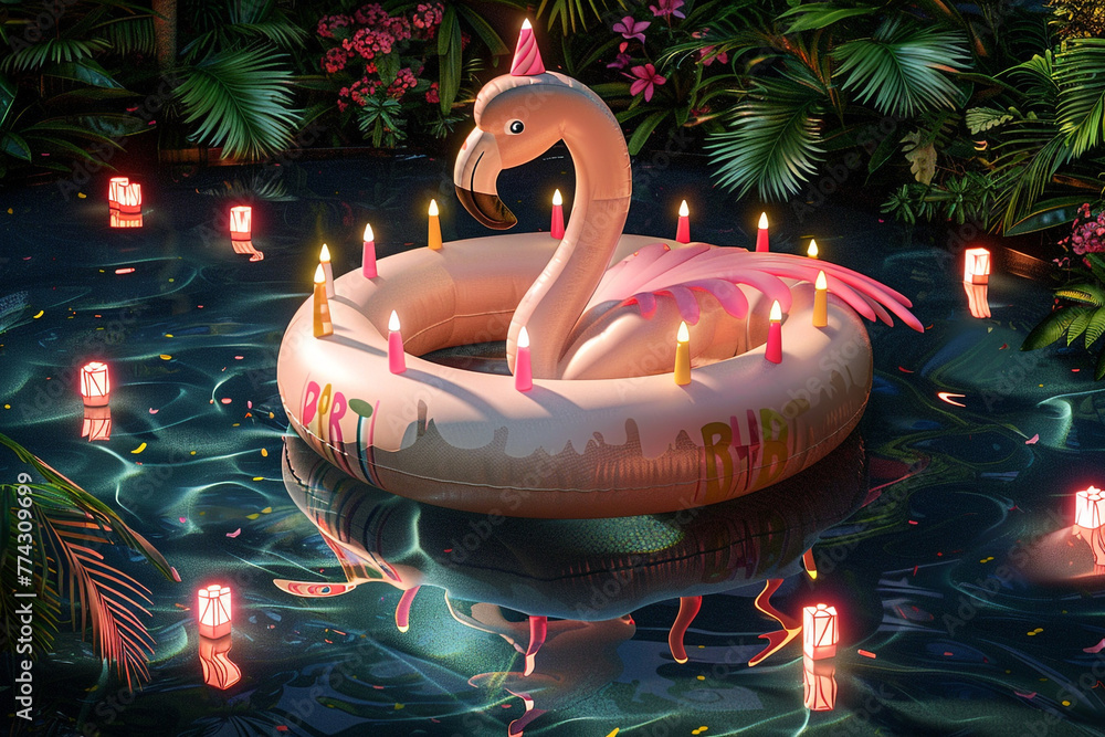 A giant, inflatable flamingo pool floatie in the shape of a birthday ...