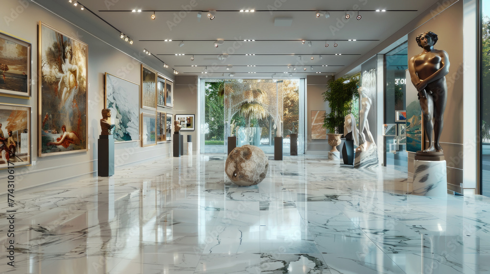 Museum hall or luxury room interior with paintings and marble statues ...