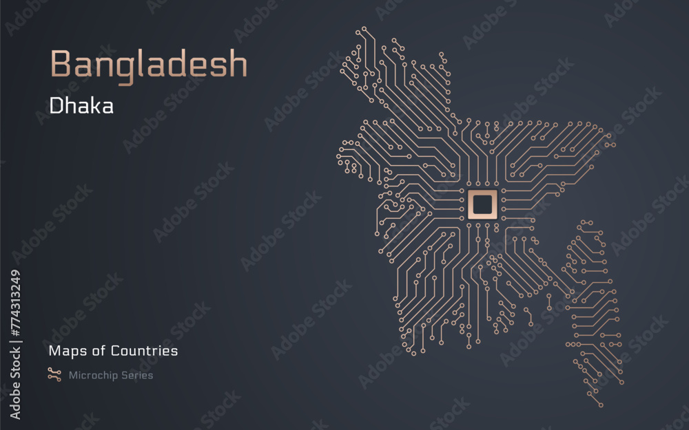 Bangladesh Map with a capital of Dhaka Shown in a Microchip Pattern ...