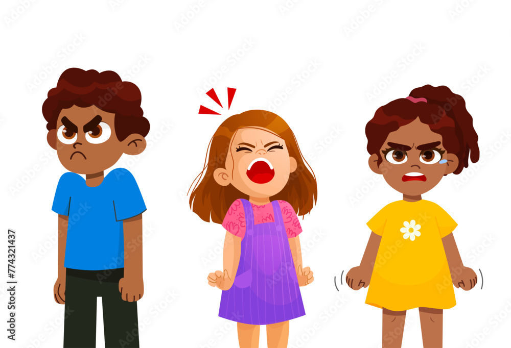 child emotions set. a very angry children, girls and boy standing in a ...