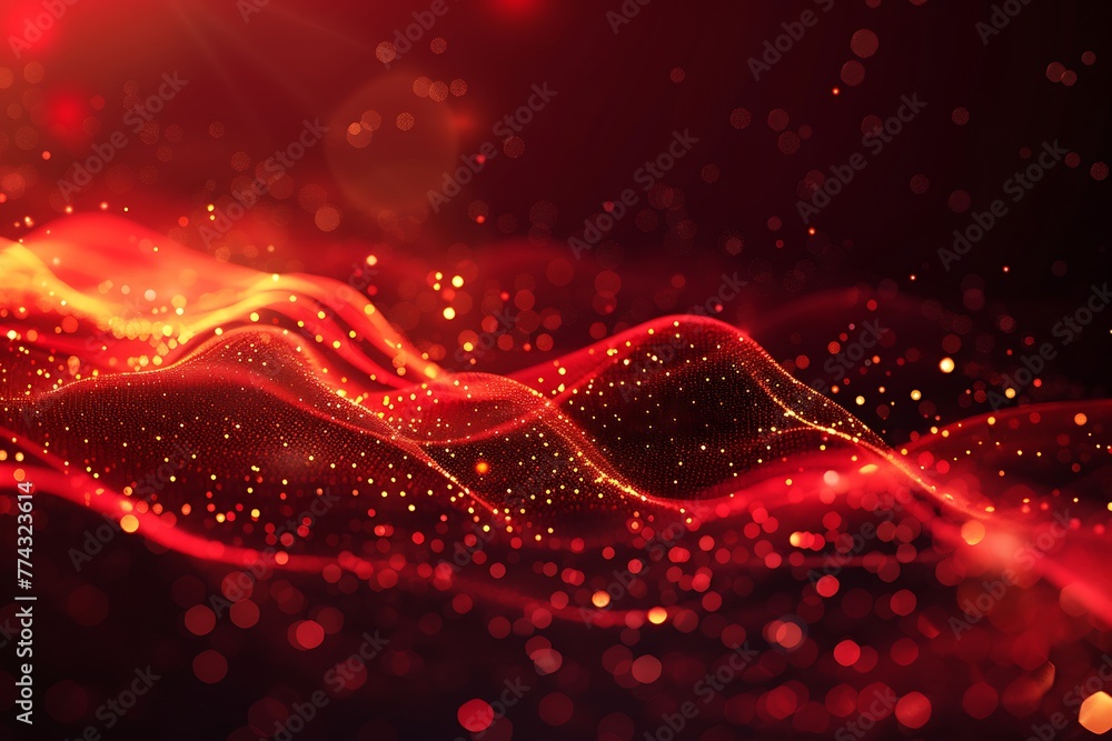 Red glowing digital particles background with abstract wave line and ...