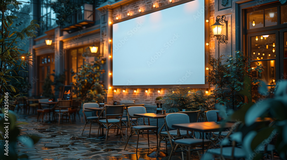 mock up of a white screen billboard placed in front of a cafe, the ...