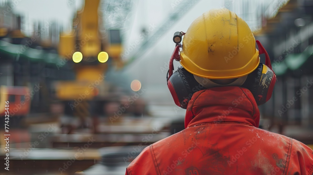 Construction worker wearing side impact rope access safety white helmet ...