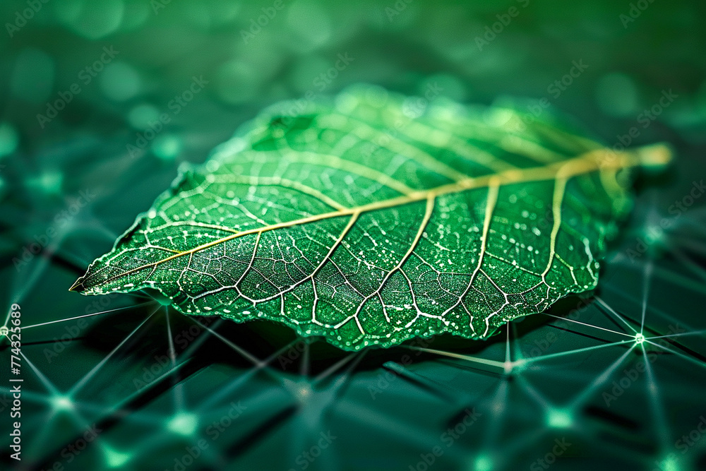 An up-close view of a plant leaf, illustrating the process of ...