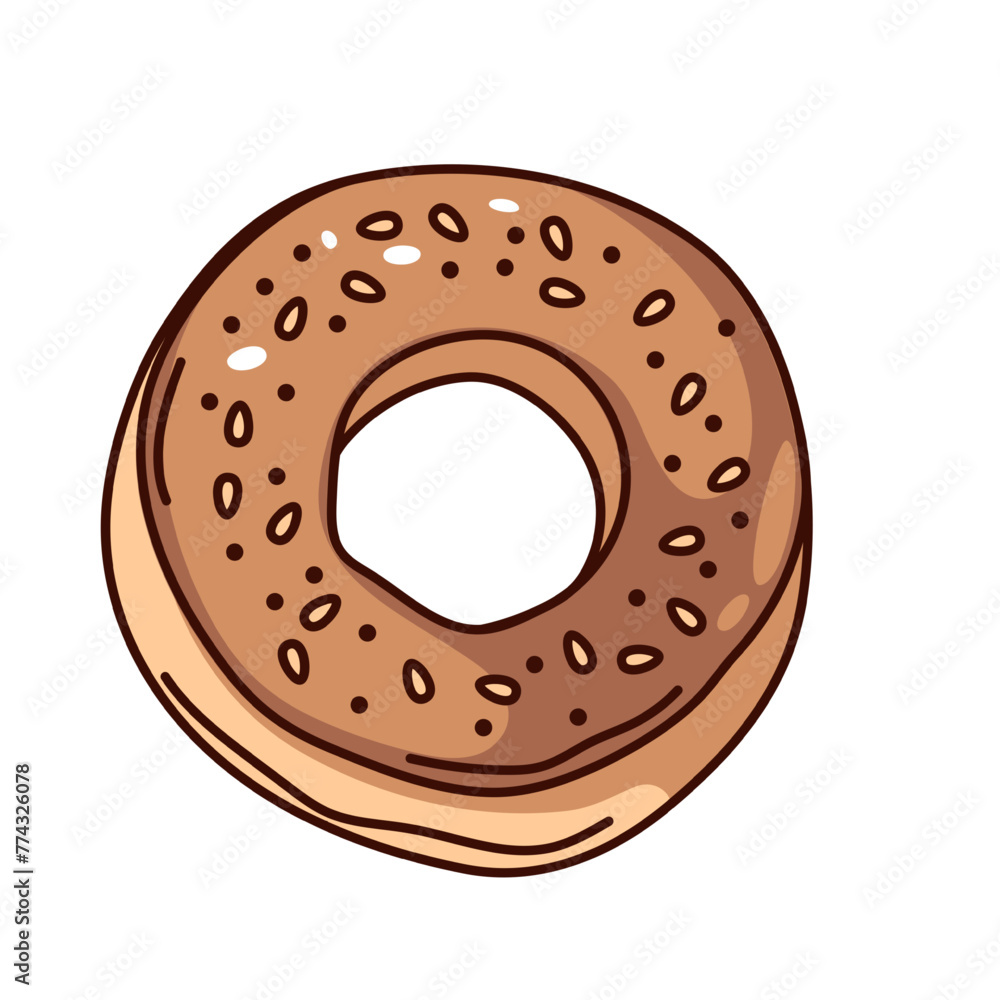 Groovy cartoon simit with sesame. Funny retro round bagel of ...