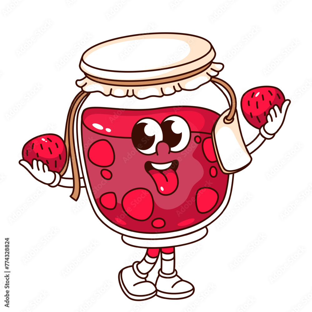 Groovy jar of strawberry jam cartoon character holding berry fruits ...