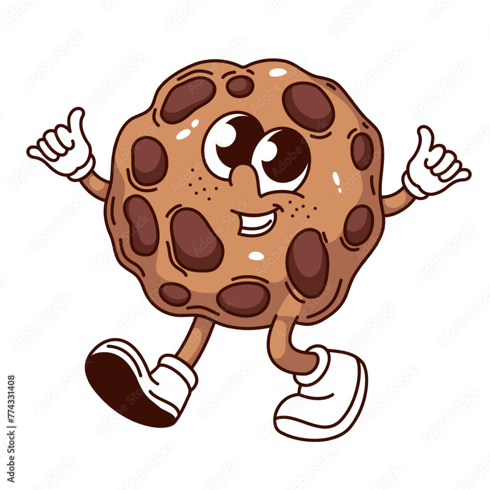 Groovy cookie with chocolate chips cartoon character walking with smile ...