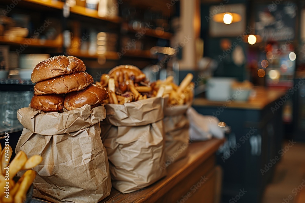 Bags of unappetizing burgers and fries, symbolizing excess and food ...