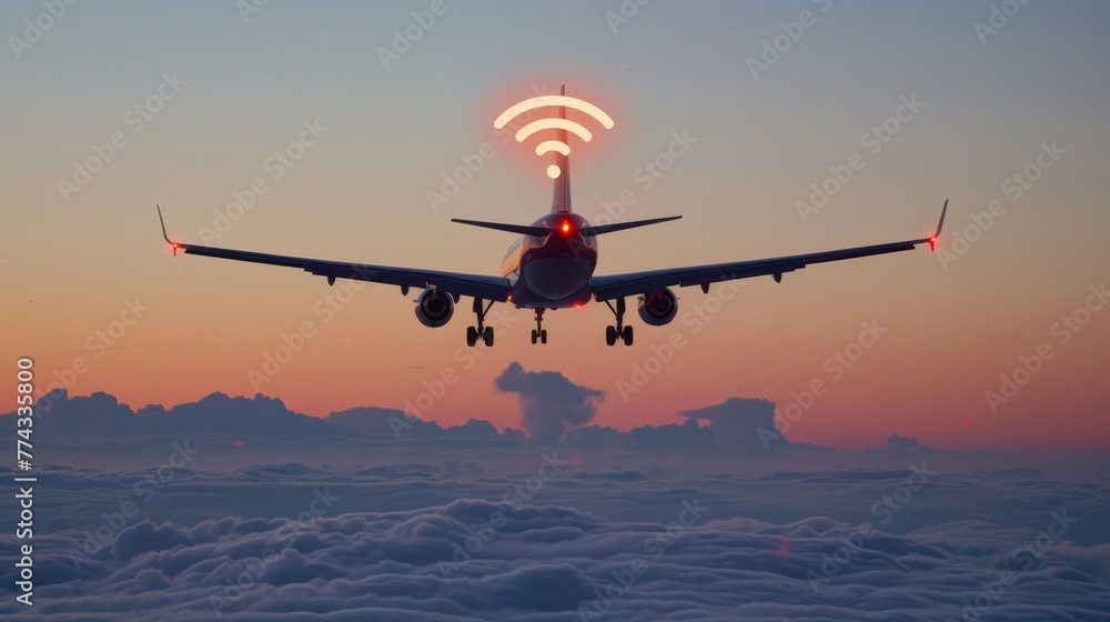 A plane with a wifi signal is flying through the sky. Concept of modern ...