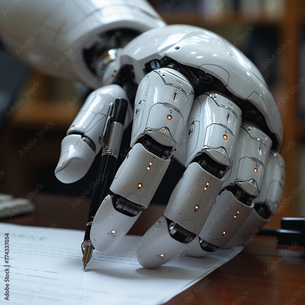 Humanoid robot arm is writing with a pen. Created with Generative AI ...
