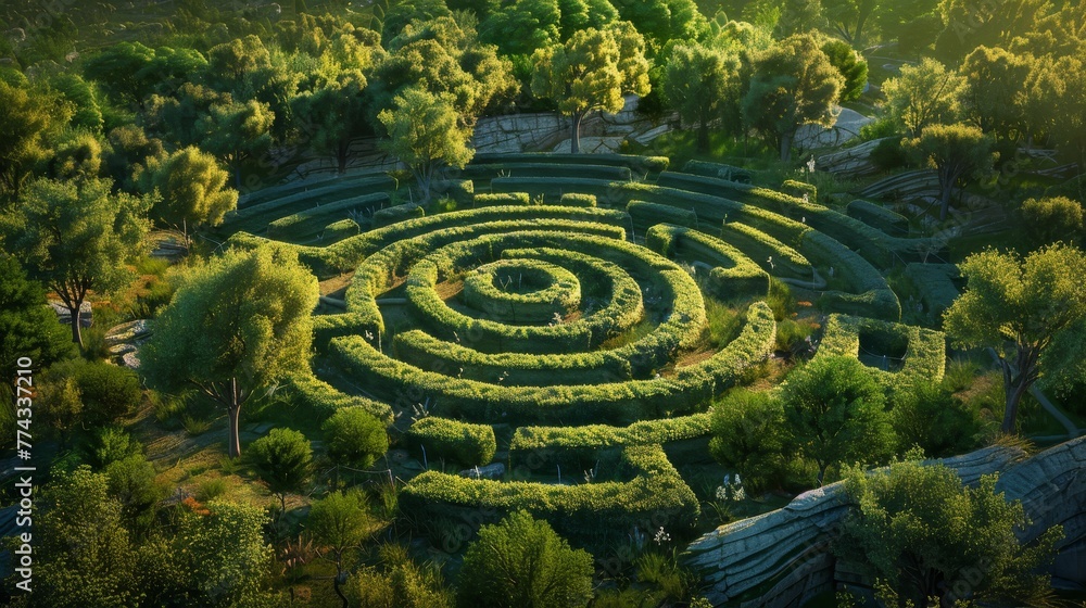 A maze is shown in a lush green field with trees and bushes. The maze ...