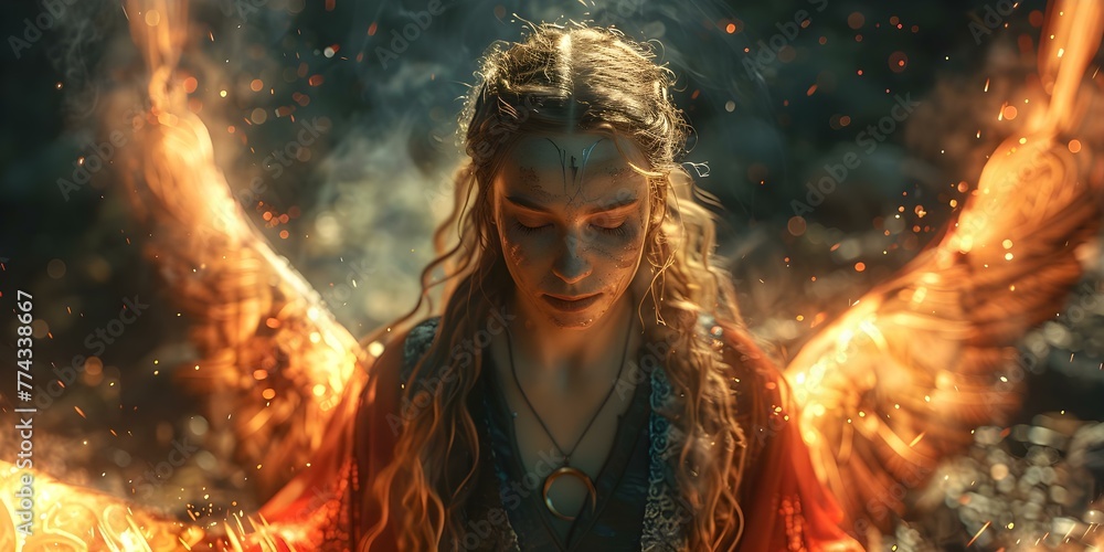 The serene Viking Valkyrie meditates with a divine aura before a Norse ...