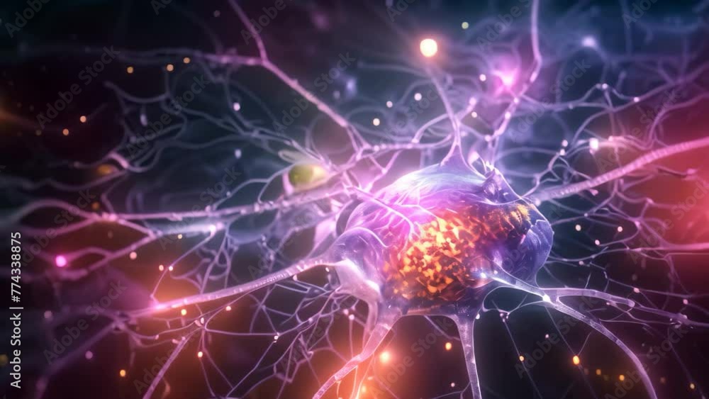 3D illustration of a neuron cell with neurons in the brain, close up of ...