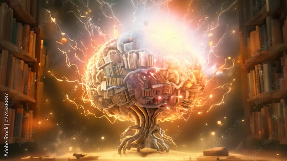 Brainstorming concept as a human brain on top of books with lightning ...