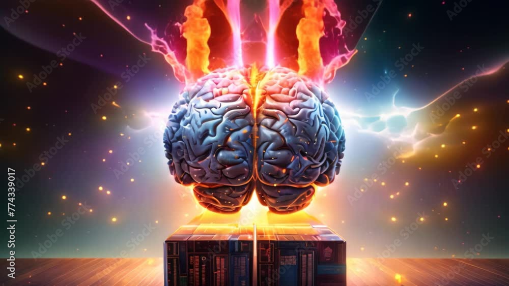 Brain coming out of an open book. 3D illustration. Science fiction ...