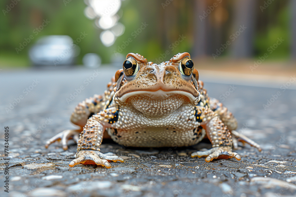 Toad crossing road to spawning ground, mating season of amphibian ...