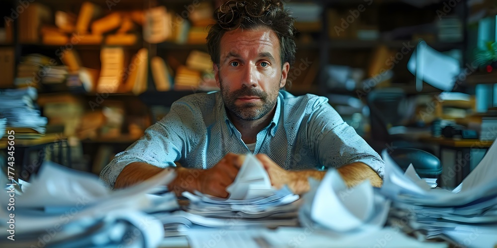 Employee in office cubicle surrounded by paperwork looking overwhelmed ...