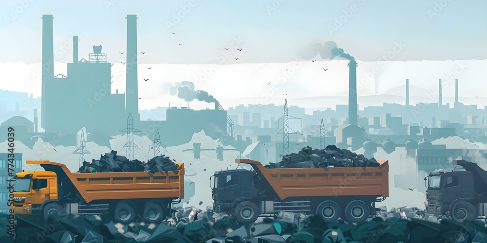 Dump trucks unloading garbage at landfill with smoking industrial ...