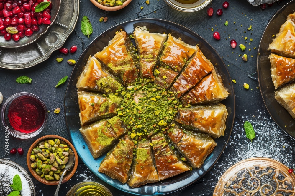 Arabic sweets top view with baklava kunafa kadayif pistachio and cheese ...