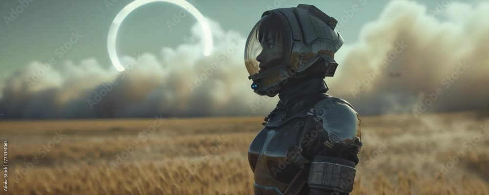 Portrait of steampunk girl wearing a light helmet standing in front of ...